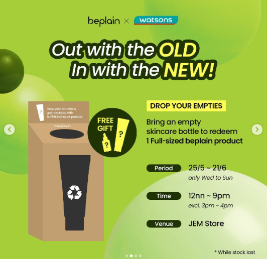 Beplain fee full size product with empty skin care bottle recycle JEM ...