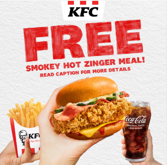 KFC free Smokey Hot Zinger Meal International Burger Day 28 May 2024 ...